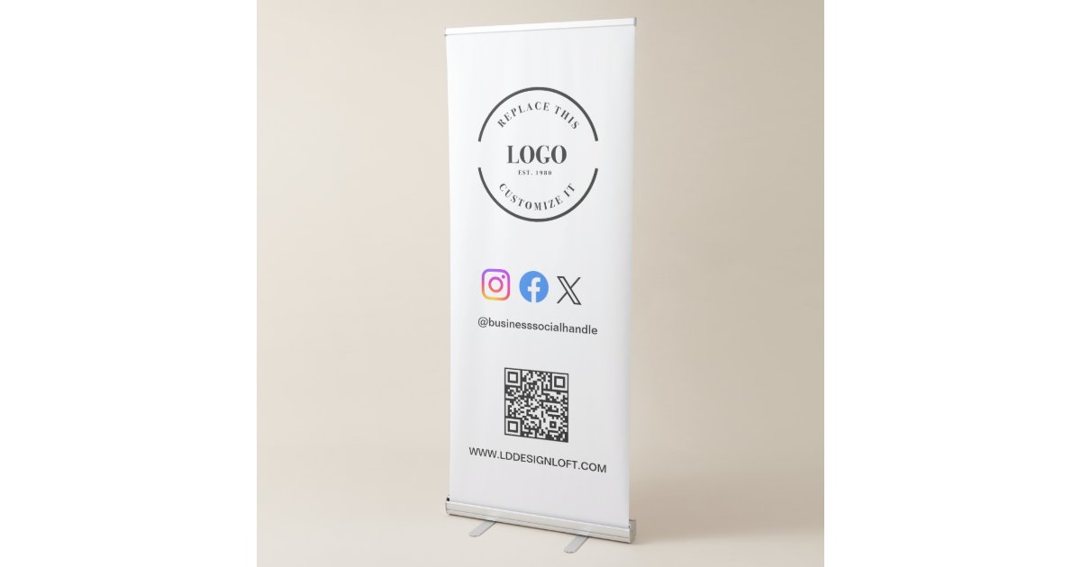 Social Media QR code website Custom logo Retractable Banner | Zazzle