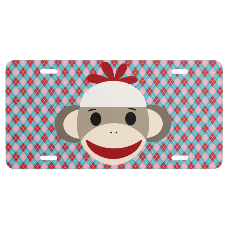 Sock Monkey Argyle Aluminum License Plate | Zazzle