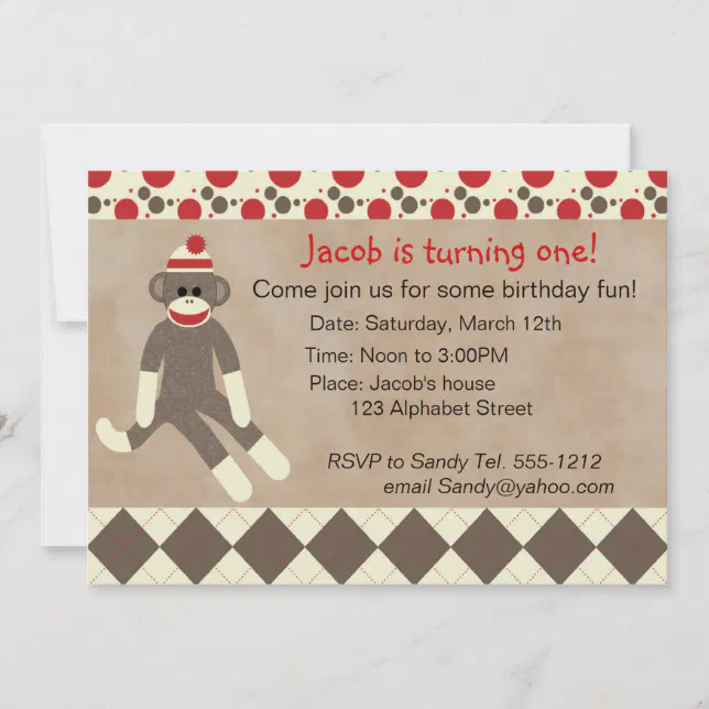Sock Monkey Birthday Invitation | Zazzle