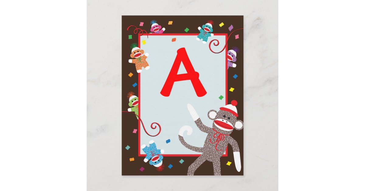 Sock Monkey Birthday Party Banner "A' Postcard | Zazzle