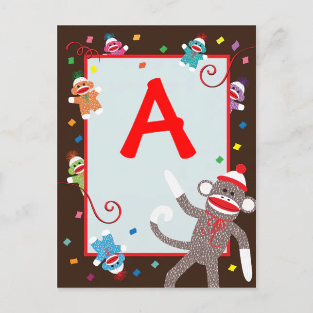 Sock Monkey Birthday Party Banner "A' Postcard | Zazzle