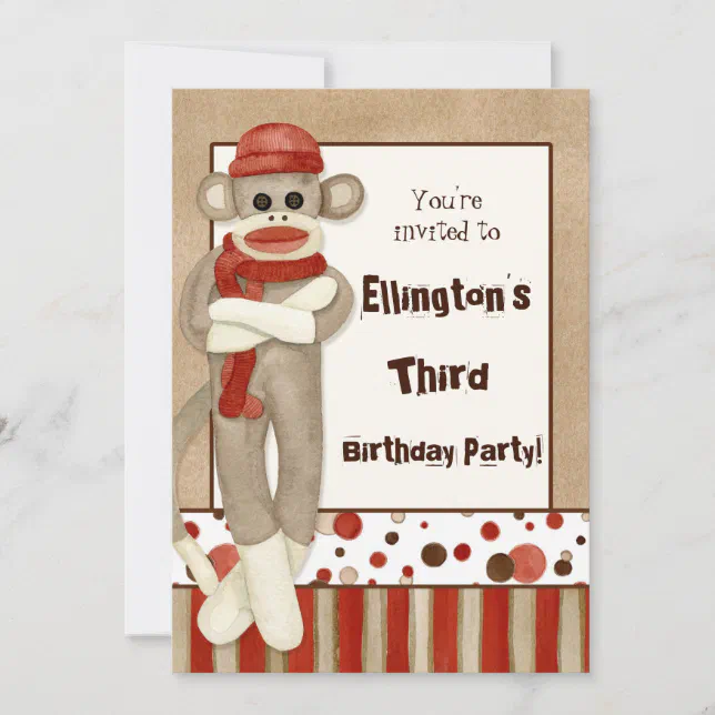 Sock Monkey, Birthday Party Invitation | Zazzle