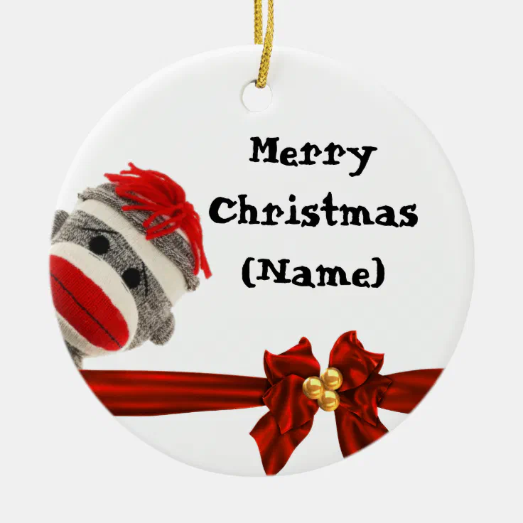 SOCK MONKEY CHRISTMAS ORNAMENT PERSONALIZED | Zazzle