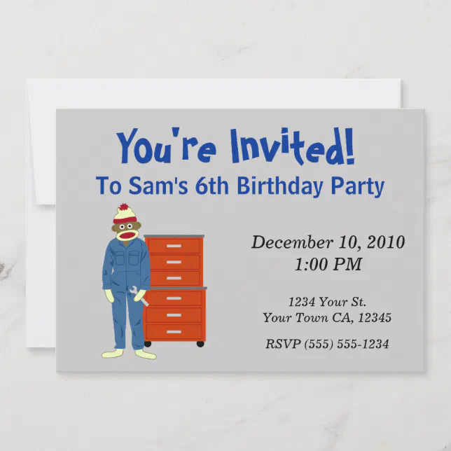 Sock Monkey Mechanic Party Invitations | Zazzle
