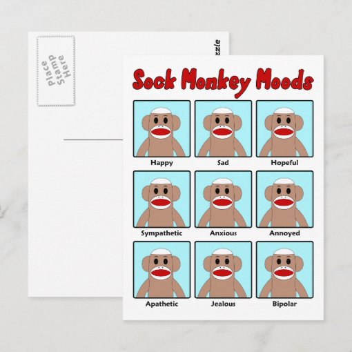 Sock Monkey Moods Postcard | Zazzle