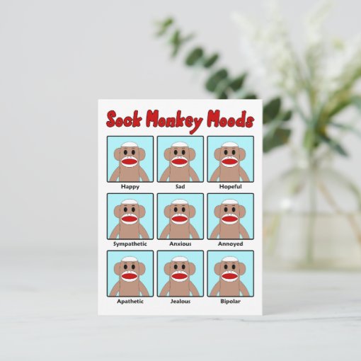 Sock Monkey Moods Postcard | Zazzle
