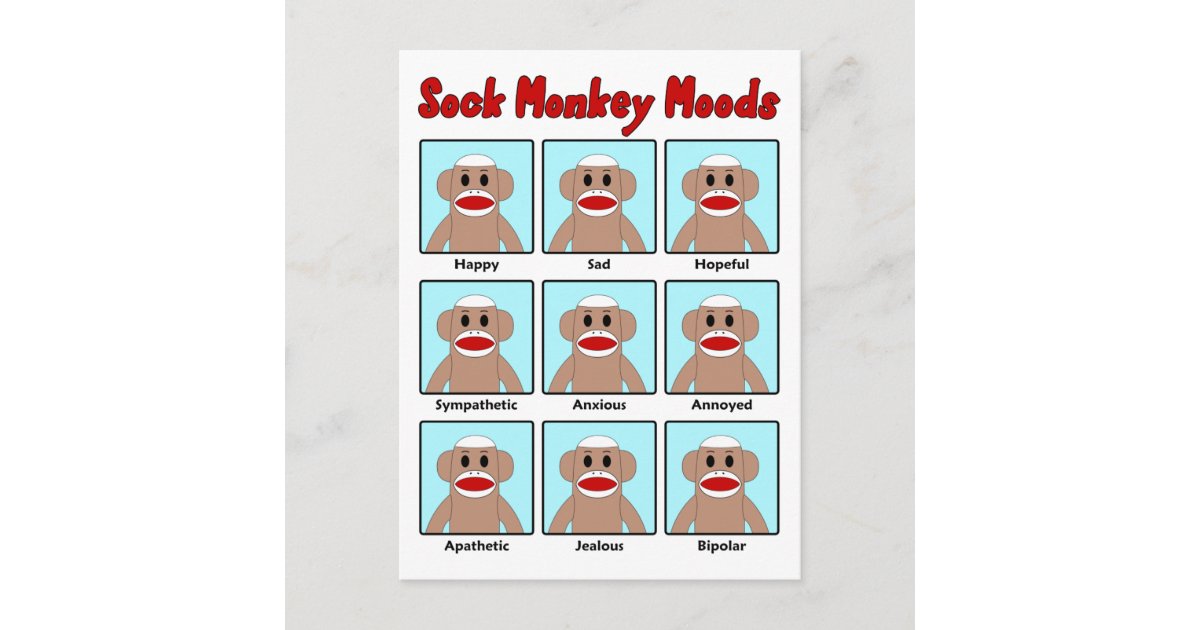 Sock Monkey Moods Postcard | Zazzle
