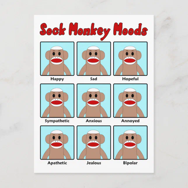 Sock Monkey Moods Postcard | Zazzle