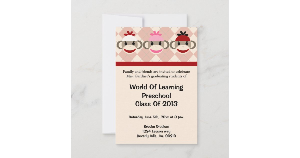 Sock Monkey Preschool Or Kindergarten Graduation Invitation | Zazzle