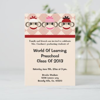 Sock Monkey Preschool Or Kindergarten Graduation Invitation | Zazzle