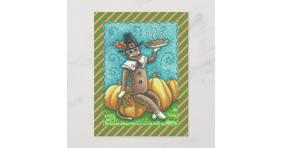 SOCK MONKEY THANKSGIVING AND PUMPKIN PIE POSTCARD | Zazzle