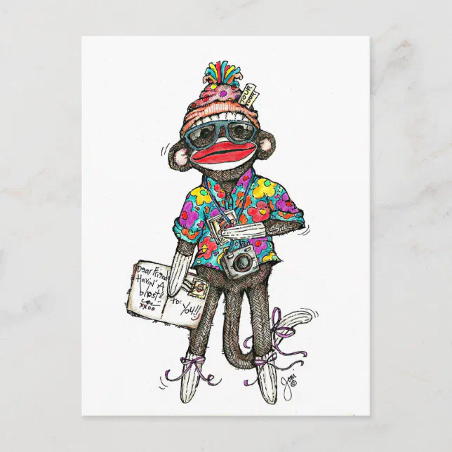 Sock Monkey Tourist Postcard | Zazzle