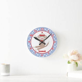 Sock Monkey Wall Clock (Blue) Add a Name | Zazzle