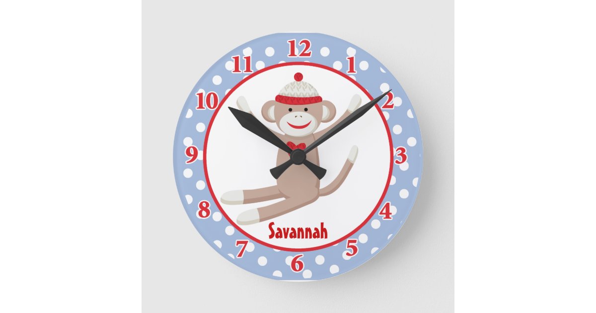 Sock Monkey Wall Clock (Blue) Add a Name | Zazzle