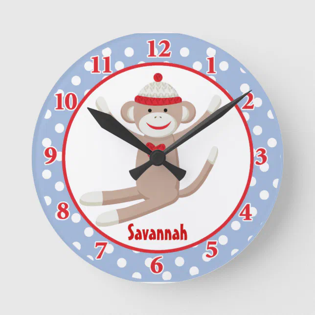 Sock Monkey Wall Clock (Blue) Add a Name | Zazzle