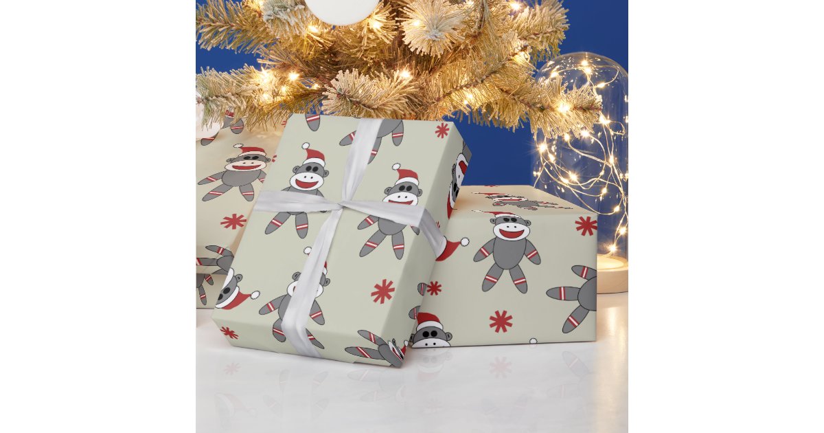 Sock Monkey With Santa Hat Christmas Holidays Wrapping Paper | Zazzle