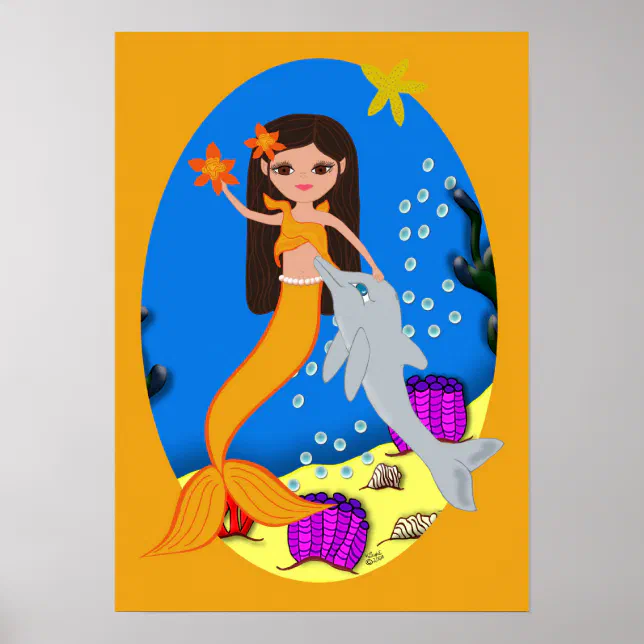 Sofia the Orange Mermaid and Dolphin Poster | Zazzle
