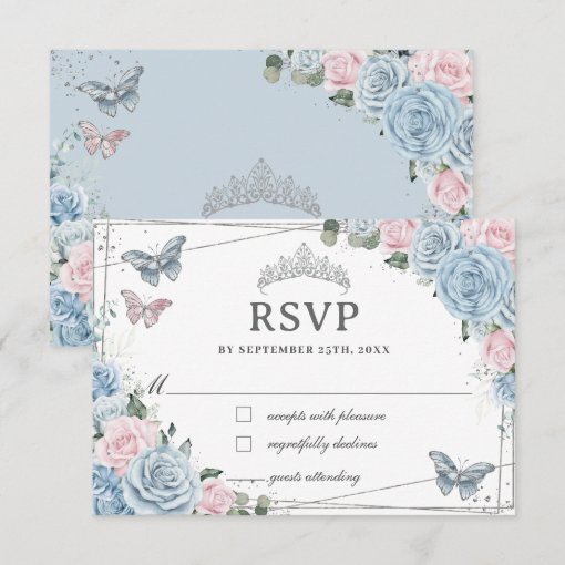 Soft Baby Blue Pink Floral Roses Quinceañera RSVP Card | Zazzle