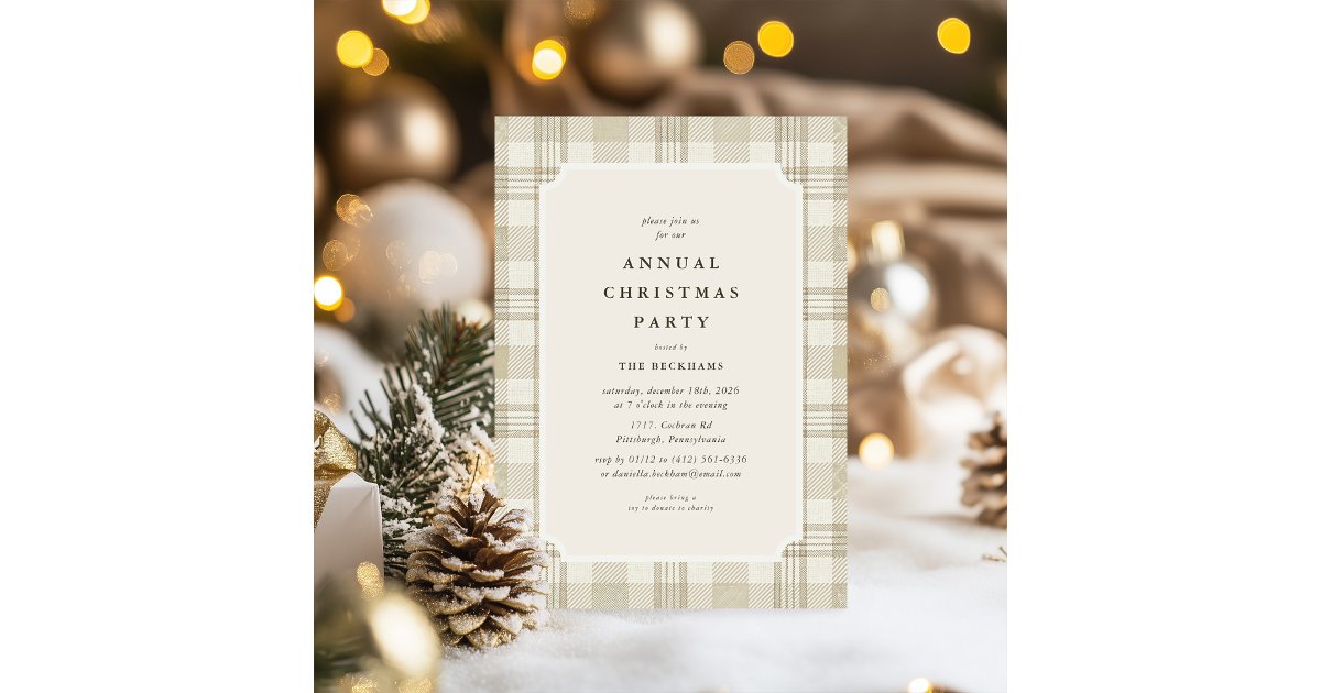 Soft Beige Gingham Christmas Party Invitation | Zazzle