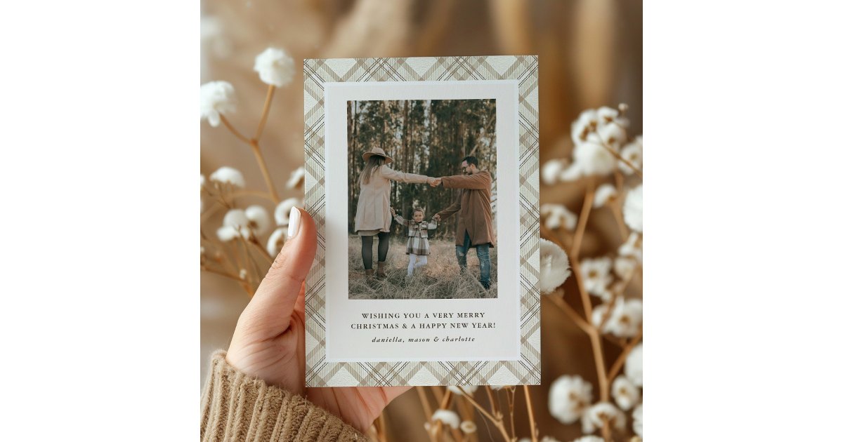 Soft Beige Gingham Photo Holiday Card | Zazzle