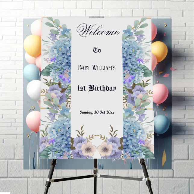 Soft Blue Flower Hydrangea 1st Birthday Welcome Foam Board | Zazzle