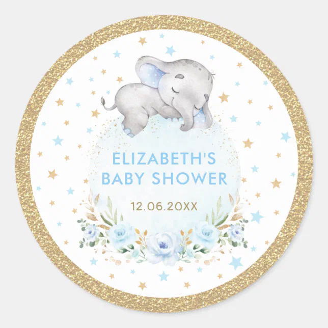 Soft Blue Gold Boy Elephant Baby Shower Favors Classic Round Sticker ...