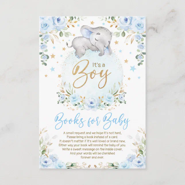 Soft Blue Gold Elephant Books for Baby Boy Enclosure Card | Zazzle