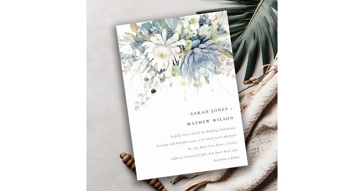 Soft Blue Green Succulent Floral Botanical Wedding Invitation | Zazzle