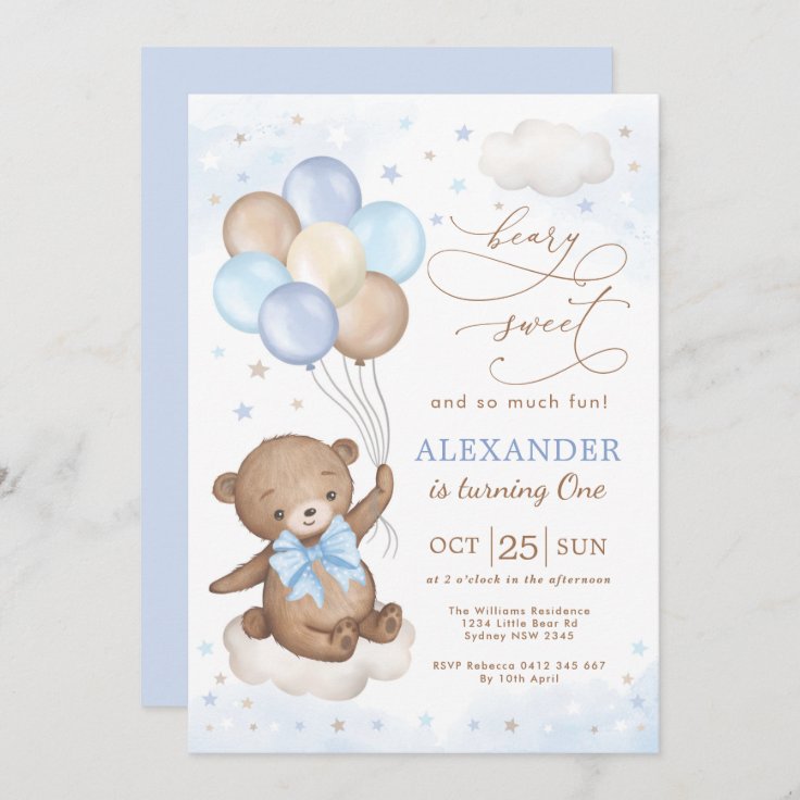 Soft Blue Teddy Bear Balloons Birthday Boy Party Invitation | Zazzle