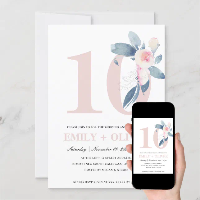 Soft Blush Blue Floral 10th Any Year Anniversary Invitation Zazzle