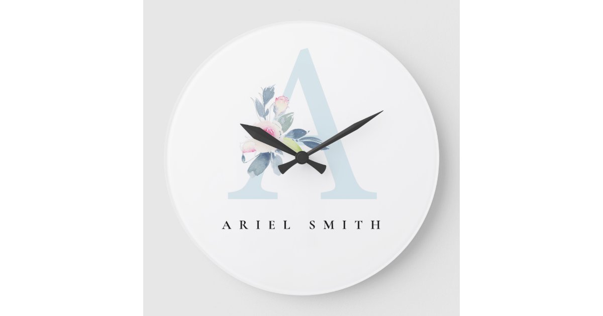 SOFT BLUSH BLUE FLORAL ALPHABETS NAME LETTER A LARGE CLOCK | Zazzle