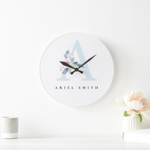 SOFT BLUSH BLUE FLORAL ALPHABETS NAME LETTER A LARGE CLOCK | Zazzle
