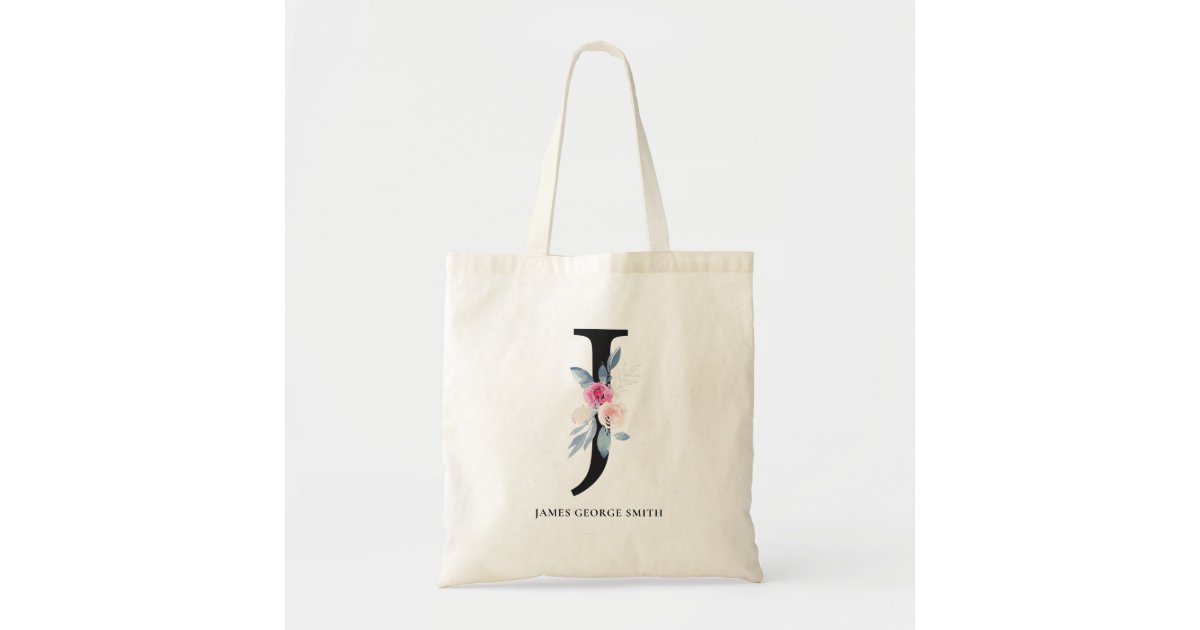 SOFT BLUSH BLUE FLORAL ALPHABETS NAME LETTER J TOTE BAG | Zazzle