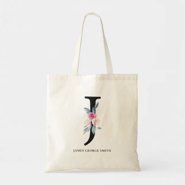 SOFT BLUSH BLUE FLORAL ALPHABETS NAME LETTER J TOTE BAG | Zazzle