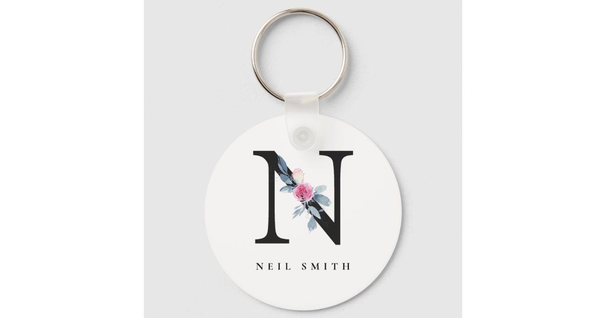 SOFT BLUSH BLUE FLORAL ALPHABETS NAME LETTER N KEYCHAIN | Zazzle
