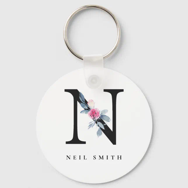 SOFT BLUSH BLUE FLORAL ALPHABETS NAME LETTER N KEYCHAIN | Zazzle