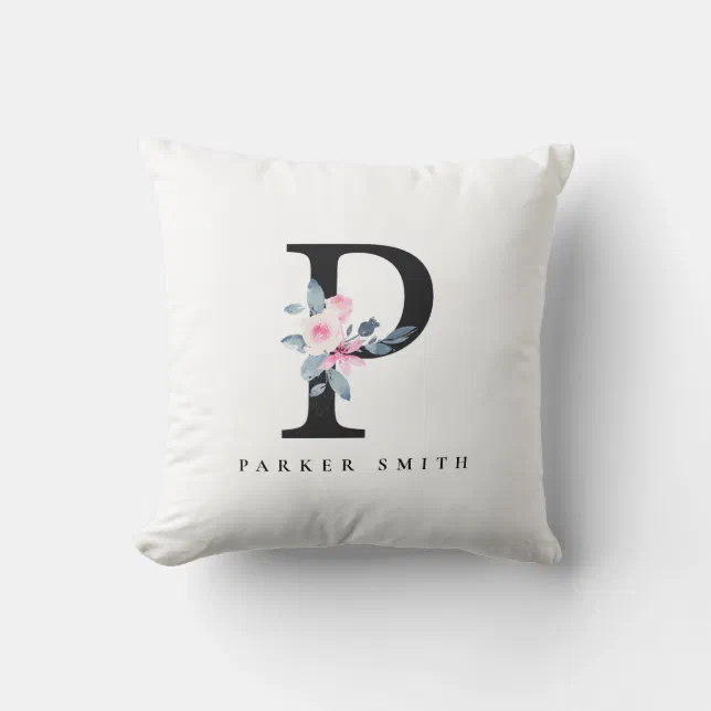 SOFT BLUSH BLUE FLORAL ALPHABETS NAME LETTER P THROW PILLOW | Zazzle