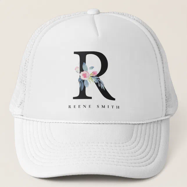 SOFT BLUSH BLUE FLORAL ALPHABETS NAME LETTER R TRUCKER HAT | Zazzle