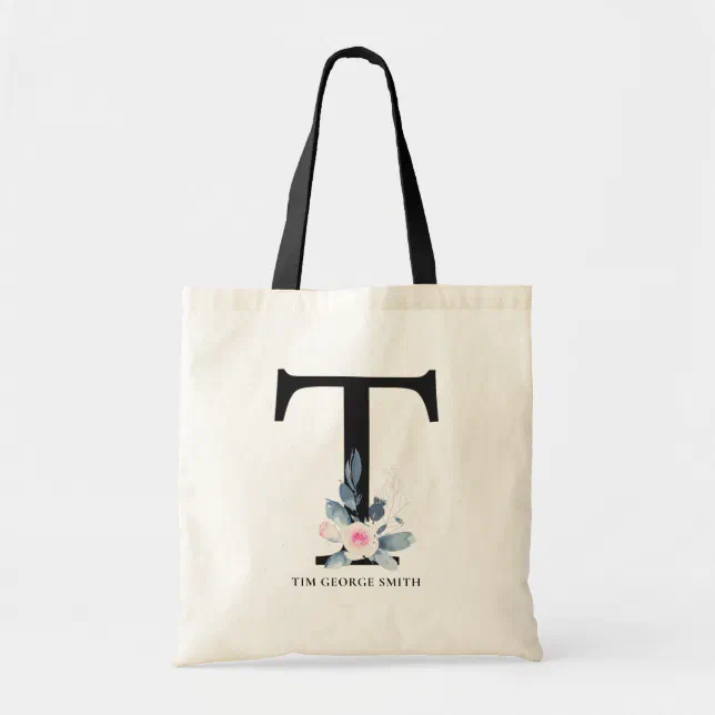 SOFT BLUSH BLUE FLORAL ALPHABETS NAME LETTER T TOTE BAG | Zazzle