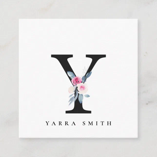 SOFT BLUSH BLUE FLORAL ALPHABETS NAME LETTER Y SQUARE BUSINESS CARD ...