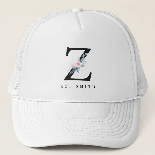 SOFT BLUSH BLUE FLORAL ALPHABETS NAME LETTER Z TRUCKER HAT | Zazzle
