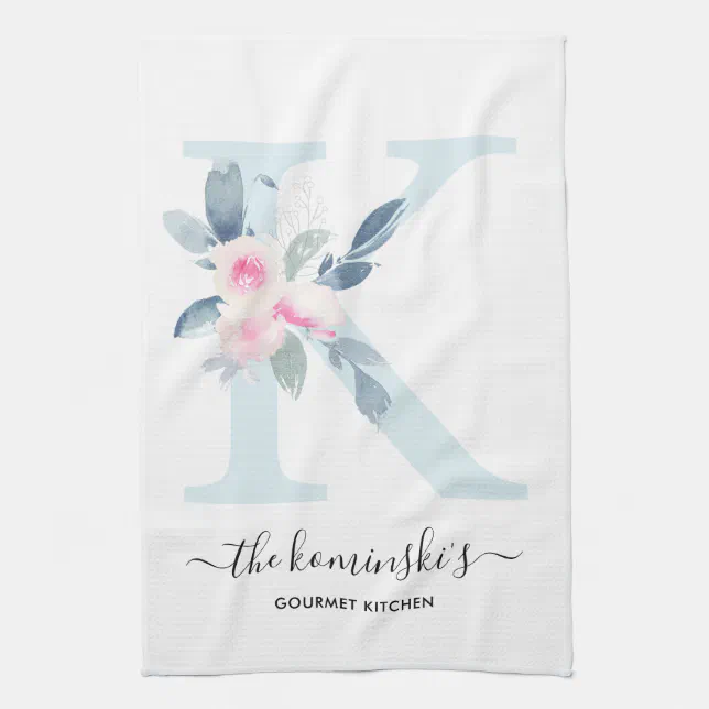 SOFT BLUSH BLUE WHITE FLORAL ALPHABETS LETTER K KITCHEN TOWEL | Zazzle