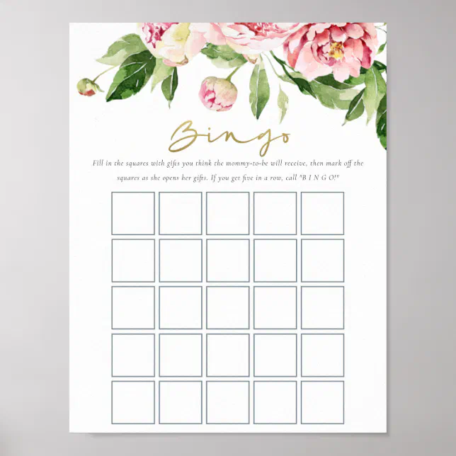 Soft Blush Floral Peony Watercolor Bingo Game Poster | Zazzle