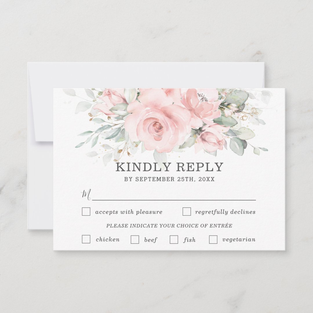 Soft Blush Floral Wedding Meal Choice RSVP Card | Zazzle