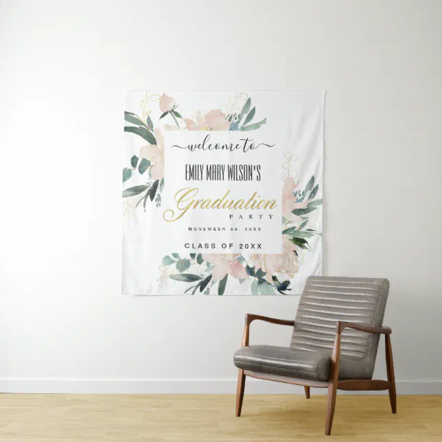 SOFT BLUSH GOLD FLORAL GRADUATION PARTY WELCOME TAPESTRY | Zazzle