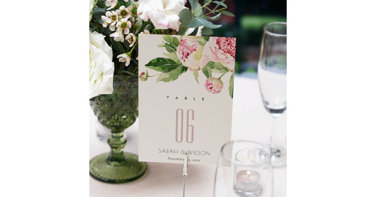 SOFT BLUSH GREEN PEONY FLORAL WATERCOLOR WEDDING TABLE NUMBER | Zazzle