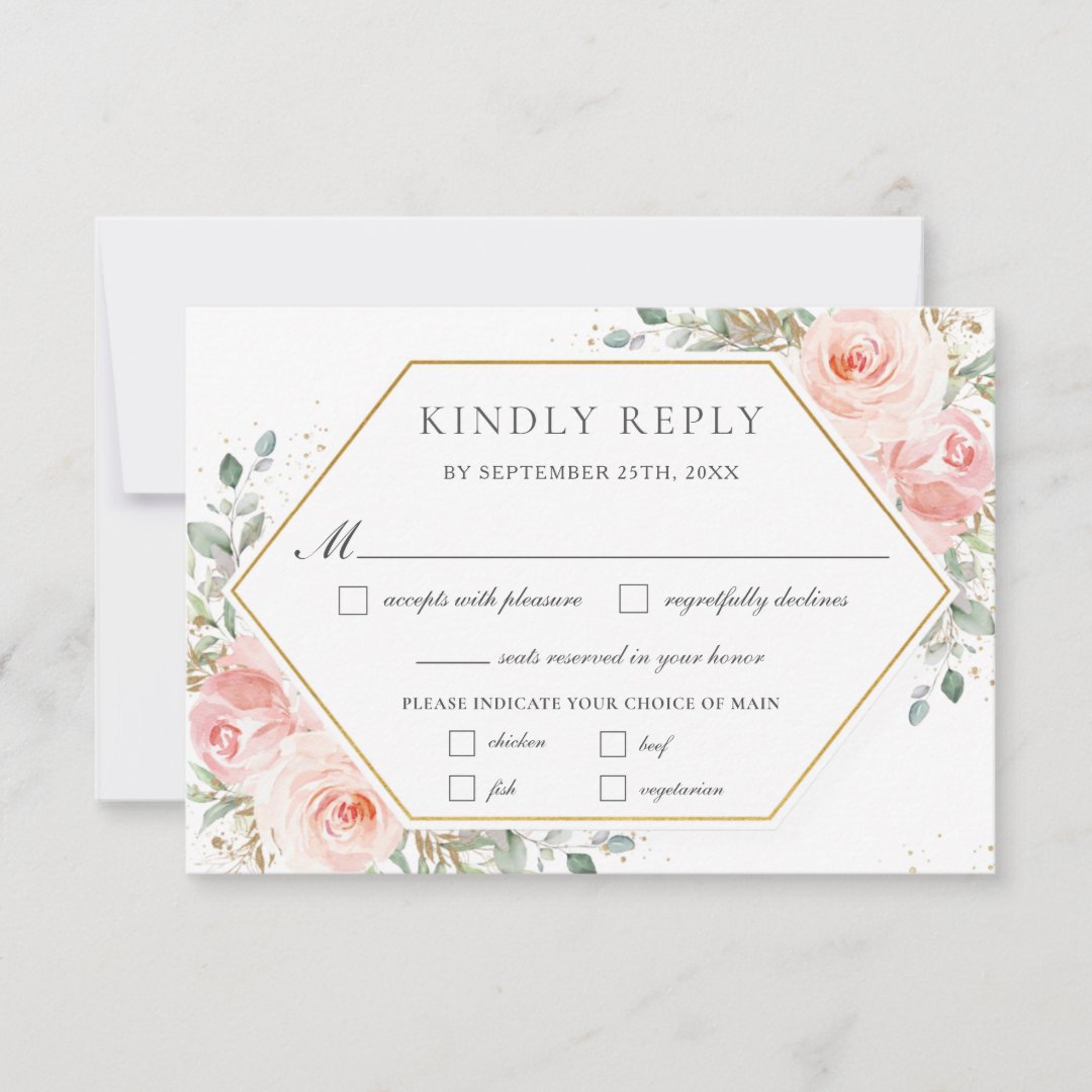 Soft Blush Pink Floral Gold Greenery Wedding Meal RSVP Card | Zazzle