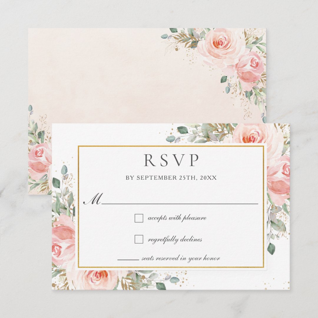 Soft Blush Pink Floral Gold Greenery Wedding RSV RSVP Card | Zazzle