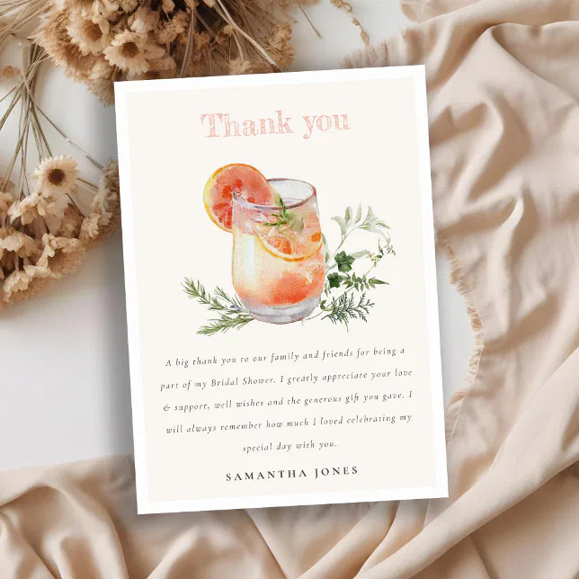 Soft Blush Pink Orange Cocktail Bridal Shower Thank You Card | Zazzle