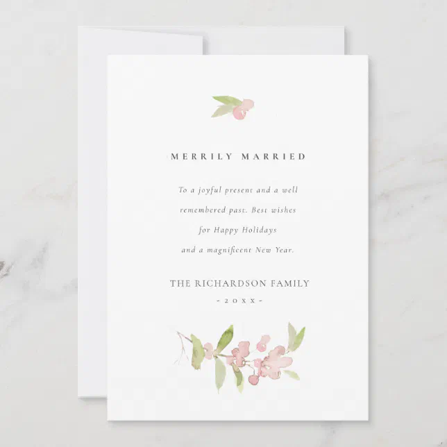 SOFT BLUSH ROSE PINK CALLIGRAPHY MERRILY MARRIED HOLIDAY CARD | Zazzle